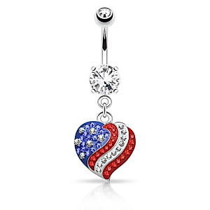 Forbidden Body Jewelry American Flag Heart Pave CZ Crystal Dangle Belly Button Ring