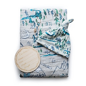 Miaoberry Organic Muslin Baby Boy Swaddle Blanket and Hat Set Newborn Unisex Neutral| Adventure Awaits| Boho Mountain Forest |Photo Props Birth Announcement Card