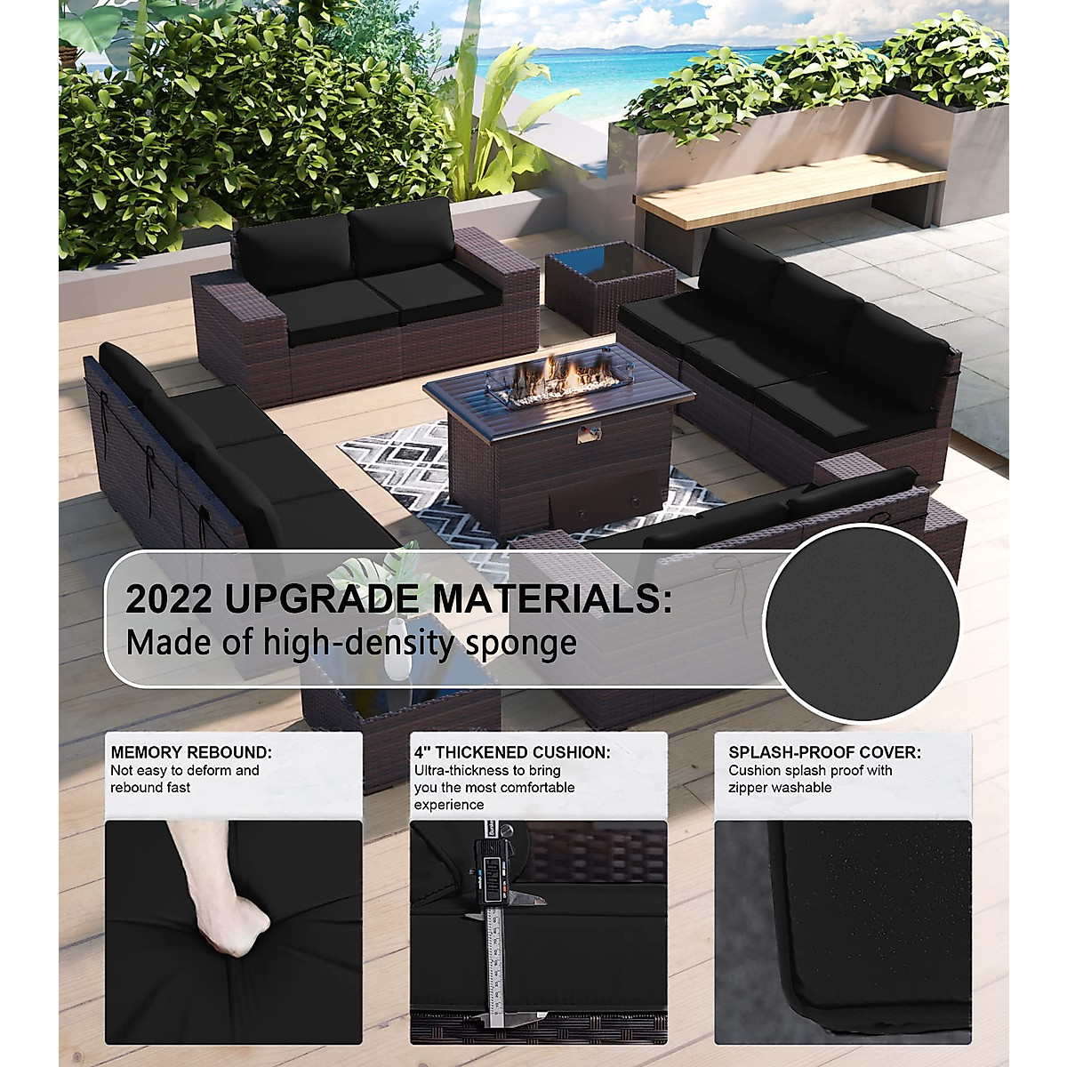 Kullavik 13 Pieces Outdoor Patio Furniture Set with 43" 55000BTU Gas Propane Fire Pit Table PE Wicker Rattan Sectional Sofa Patio Conversation Sets,Black