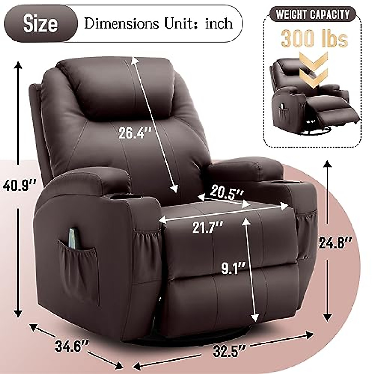 Korser Recliner Chair, Rocking Chair with Massage and Heat, 360° Swivel Recliner Chairs for Adults, Rocker Manual Recliner with Remote Control and Cup Holder for Living Room, Bedroom, Nursery