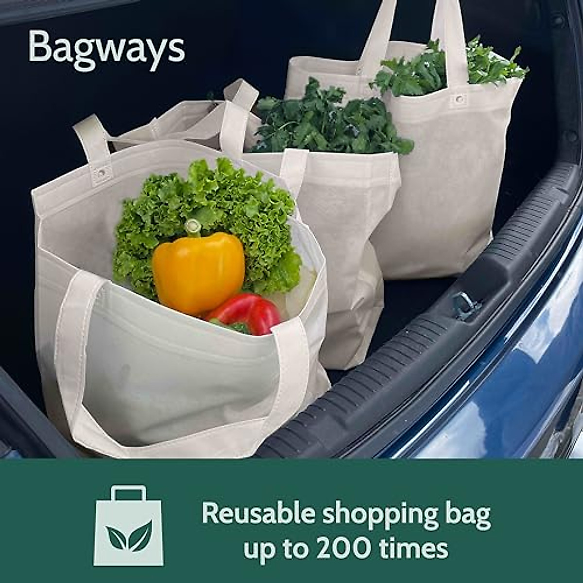 Bagways 10 PACK Reusable Grocery Bags with Handles, Durable, Foldable, Washable Eco-Friendly Shopping Totes, 14x6.5x14 Inch, Cream
