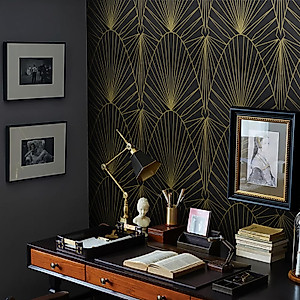 Yasinet Peel and Stick Wallpaper Black and Gold Wallpaper for Bathroom Removable Black Contact Paper Black Geometric Self Adhesive Wallpaper Decorative for Wall Cabinet 17.3”x118.7”