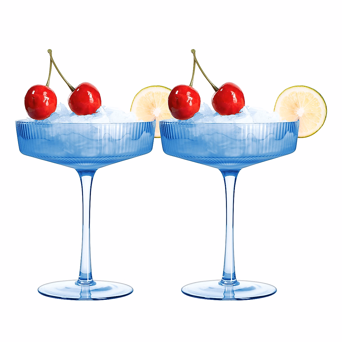 Rose Pink Ribbed Coupe Cocktail, Champagne & Martini Glasses 8 oz | Set of 2 | Retro Style Classic Manhattan Glasses For Cocktails, Ripple Coupe Glasses, Art Deco Gatsby Vintage, Crystal with Stems