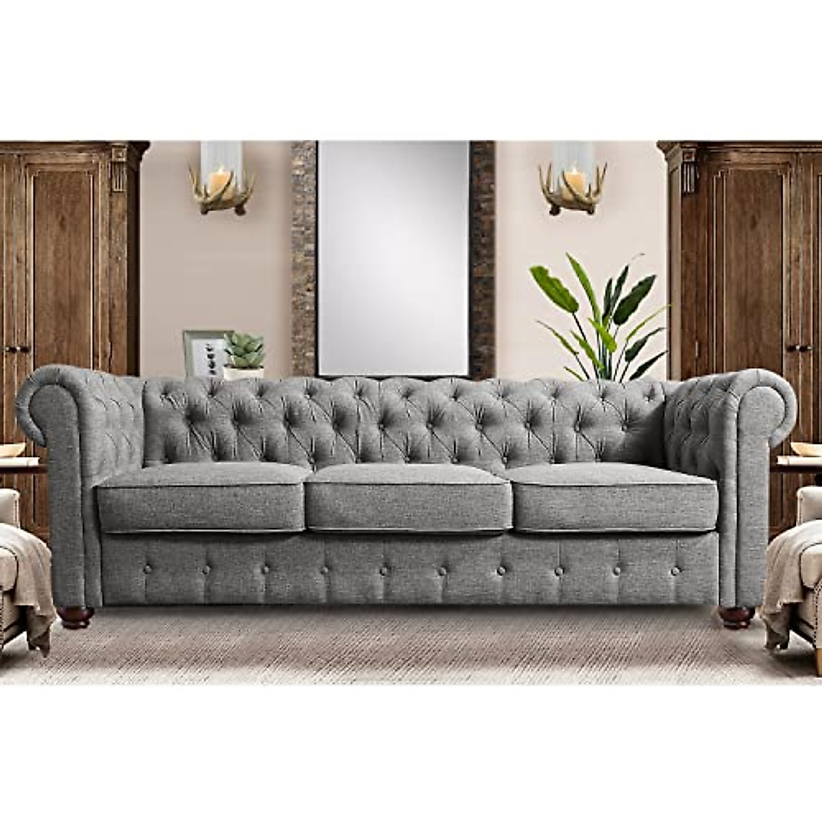 Rosevera Genevieve Upholstered Fine Polyester Collection Tufted Loveseat Couch, Contemporary Chesterfield Armrest,Sectional Sofa for Living Room Apartment, 3SEAT, Linen Gray 3SEAT