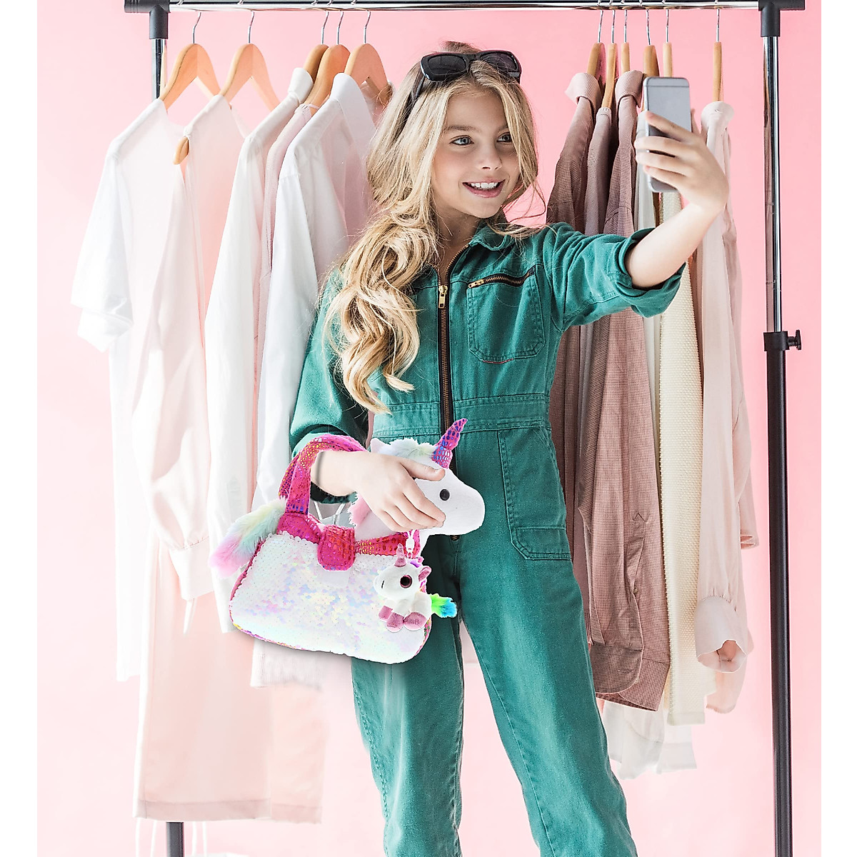 DolliBu Unicorn Bags and Keychain Set of 3-2 Unicorn Stuffed Animal Purse Bags for Girls and 1 Keychain, Removable Unicorns in Sequin and Furry Handbags for Dress Up