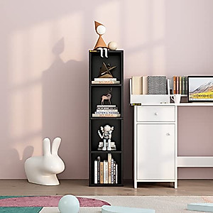 ALISENED 4 Cube Small Bookshelf, Narrow Storage Organizer Shelf, Wooden Corner Bookcase, Modern Thin Cubes Storage Organizer Display Shelving for Bedroom, Library, Living Room, Home, Office, Black