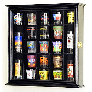 21 Shot Glass Shotglass Shooter Display Case Holder Cabinet Wall Rack 98% UV Lockable -Black