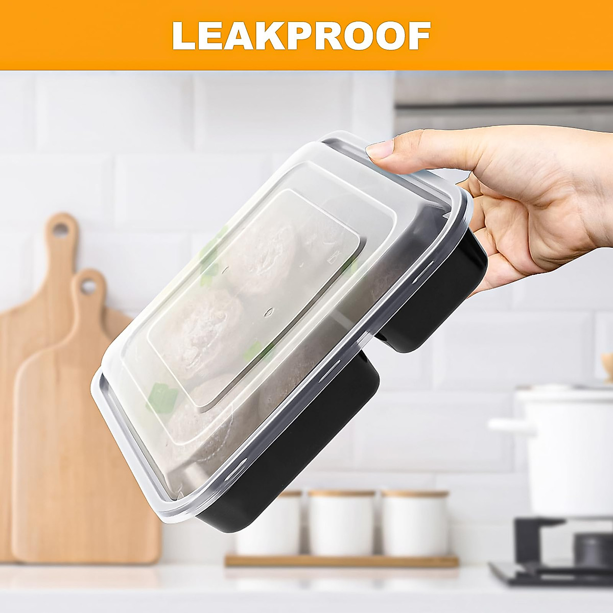 50 PACK, 32 oz. Meal Prep 3 Compartment Containers, Extra Large & Thick Food Storage Containers with Lids - BPA Free Stackable Microwavable & Dishwasher Safe, Travel, To Go, Bento Box, Black