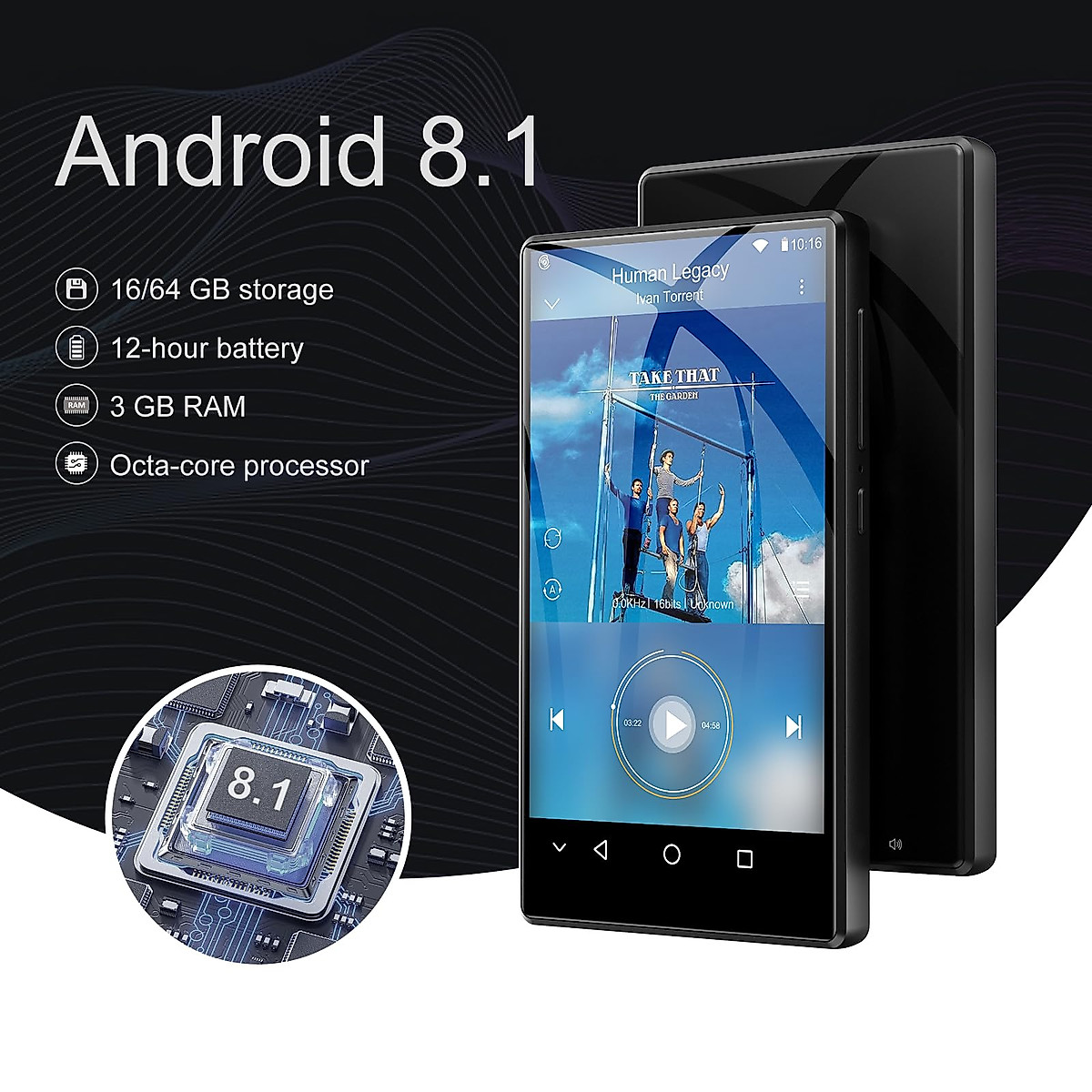 JOLIKE 80GB MP3 Player with Bluetooth and WiFi spotify and Pandora, Android Streaming audiobooks Audible and FM Radio 4.7-inch Touchscreen MP3&MP4 Music Player Kids MP3 Player with USB Support 215GB