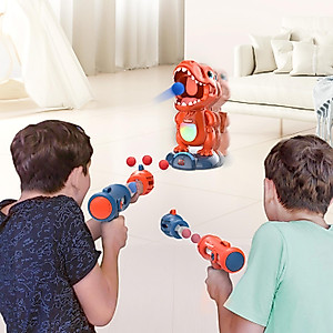 Movable Dinosaur Shooting Toys for Kids Games with 2 Air Pump Gun, Party Toys with Score Record, LED & Sound, 48 Foam Balls Electronic Target Practice Gift for Boys and Girls