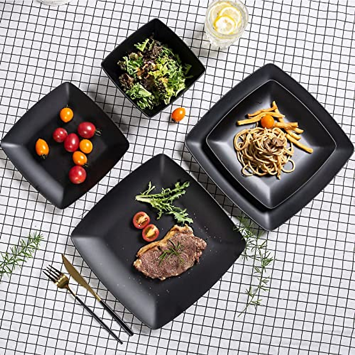 Melamine 12pcs Classic Square Dinnerware Set, Concise Plates and Bowls Set, Service for 4, Dishwasher Safe (Black)
