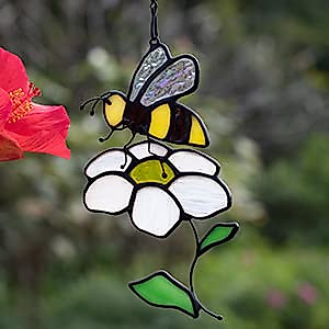 HAOSUM Bee Suncatcher Flower Stained Glass Window Hangings, Bee Decor Party Birthday Bee Gifts for Women,Bee Lovers, Housewarming Gifts.
