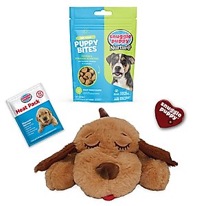 Snuggle Puppy Original Heartbeat Stuffed Toy for Dogs, Pet Anxiety Relief and Calming Aid Bundle with Puppy Bites, Day Calm, 60 Count Calming Chews for New & Stressful Situations.