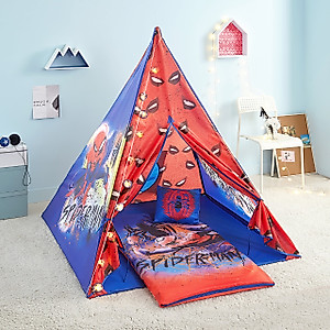 Idea Nuova Spiderman 4 Piece Tee Pee Slumber Set with Pillow and String Lights