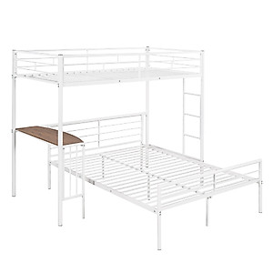 BIADNBZ Twin Over Full Metal Bunk Bed with Desk, Steel L Shaped Bedframe w/Ladder and Quality Slats for Kids, Adults, No Box Spring Needed, Metallic White