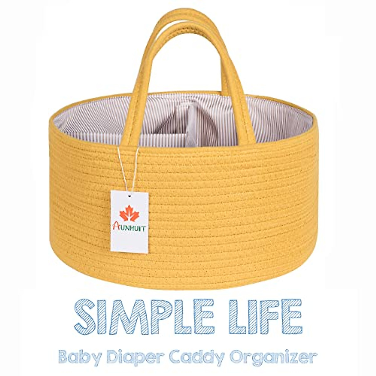 Baby Diaper Caddy Organizer Yellow 15"X7.4" Large Round Hanging Nursery Storage Bin Portable Changing Table/Car Travel Tote Bag Removable Inserts Newborn Registry Boy Girl Shower Rope Basket
