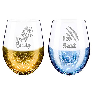 Valentines Day Gifts for Husband from Wife, His Beauty Her Beast Hand Etched Stemless Glitter Wine Glass Idea Gift for Couple