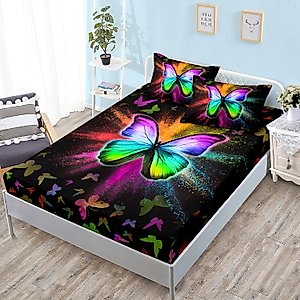 HOSIMA Colorful Butterfly Fitted Sheet Sets,Soft Decorative Fabric Bedding All-Round Elastic Pocket Black Twin Fitted Sheet,Colorful Ink Galaxy Aesthetic Butterfly Bed Set Home Decor for Girls.