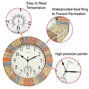 OCEST 13 Inch Large Outdoor Indoor Clock, Waterproof Wall Clock with Thermometer, Weather-Resistant Non-Ticking Battery Operated Decor Clock for Patio, Pool, Lanai, Fence, Porch, Garden (Yellow)