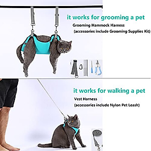 RHD Multi-Function Detachable Pet Grooming Hammock Harness & Vest Harness, 4.6ft Nylon Pet Leash, Pet Grooming Supplies Kit with Nail Clippers, Nail File, Pet Comb - Soft,Mesh,Reflective Thread,Cyan,S