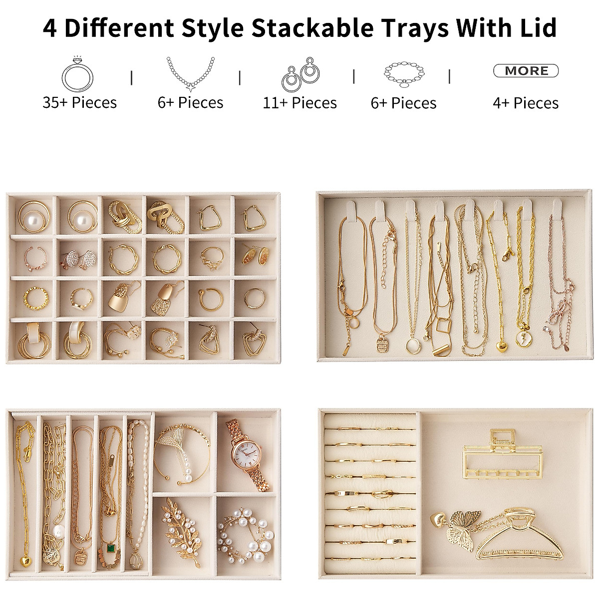 Oyydecor Stackable Jewelry Organizer Tray, Jewelry Drawer Organizer Set of 4 - Earrings, Necklaces, Rings, Bracelets Storage for Women and Girls - Beige.