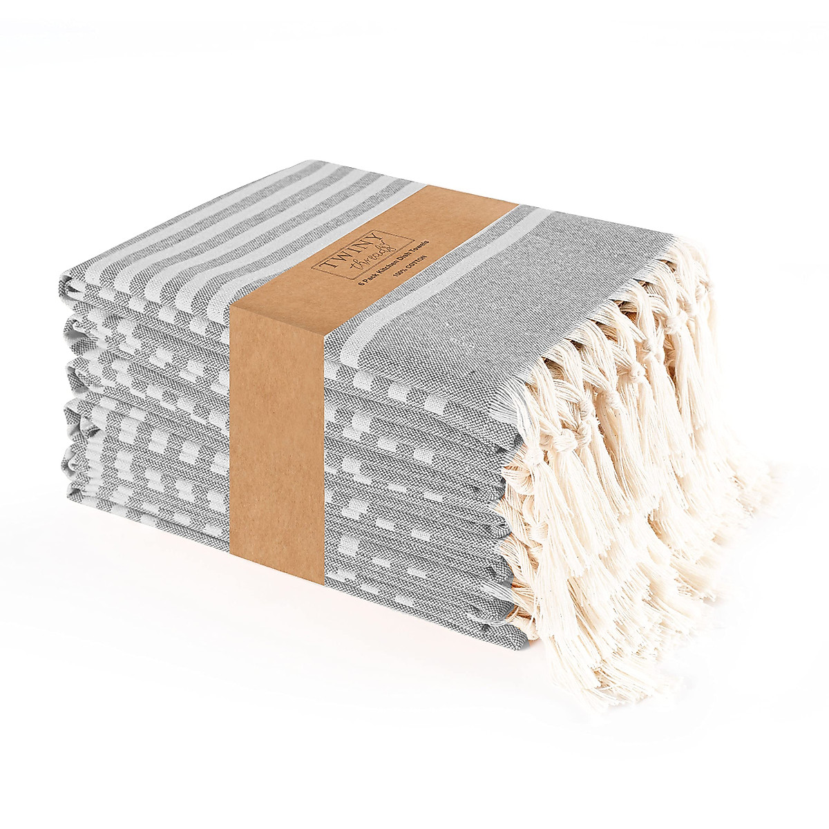 TWINY threads Set of 6 100% Cotton Turkish Kitchen Towels with Hanging Loop & Tassels (18" X 28") | Ultra Washcloth with Fringes | Reusable Hand Towels - Grey