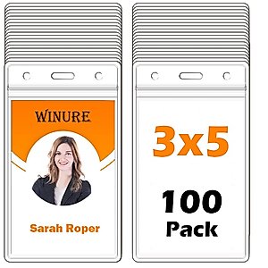 WINURE 100 Pack Vinyl ID Badge Holders (Fit 3x5 inch Inserts), Waterproof, Clear Plastic, Premium Quality, Heavy-Duty, Vertical Hanging Card Holder with Zipper, Durable Nametag Holders