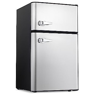 Antarctic Star Mini Refrigerator 3.2Cu.Ft Compact Fridge Defrost Double Doors Freezer Energy Saving Storage of Beverages Vegetables Fruits Suitable for Kitchen Living Room Office Dorm Grey