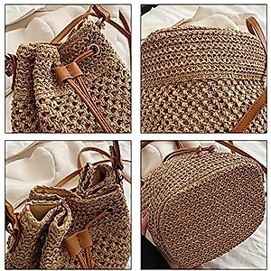 WIGUYUN Women Straw Drawstring Bucket Purse Small Tote Shoulder Handbag Hollow Out Cross-body Bag for Summer,Beach Light Brown
