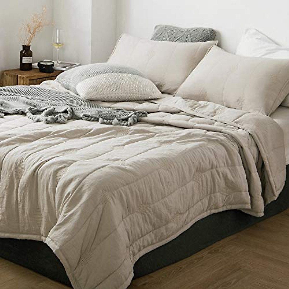 ANNA.Z HOME 3 Pc Mini Quilt Comforter Set. Stone Washed Soft Fabric. Down Alternative Microfiber Fill. Allover Embroidery Stitching. Machine Washable. Solid Colors. (Feather Gray, Queen Set)