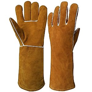OLSON DEEPAK Welding Gloves HEAT RESISTANT Baking Grill Gloves Tig and Mig Welder Gloves Fireplace Gloves for Fireproof Wood Stove Glove (Brown-14inch)