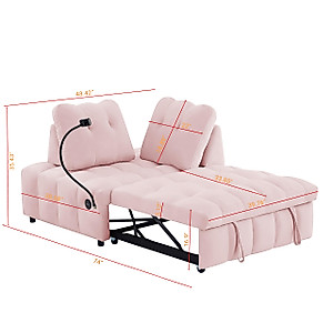 ECKF 3 in 1 Velvet Loveseat Pull-out Sofa Couch w/Pullout Bed, Convertible Sleeper Sofa Bed w/Removable Backrest, Love Seat Lounge Sofa w/Have USB Port and Swivel Phone Stand for Living Room (Pink)