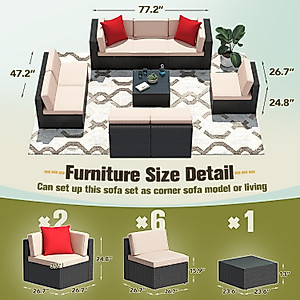 Greesum Patio Furniture Sets 9-Pieces Outdoor PE Rattan Sectional Sofa with Thickened Cushions and Glass Coffee Table,Beige