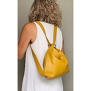LaGaksta Bria Convertible Leather Backpack Purse - Casual Travel Shoulder Bag (Mustard Yellow)