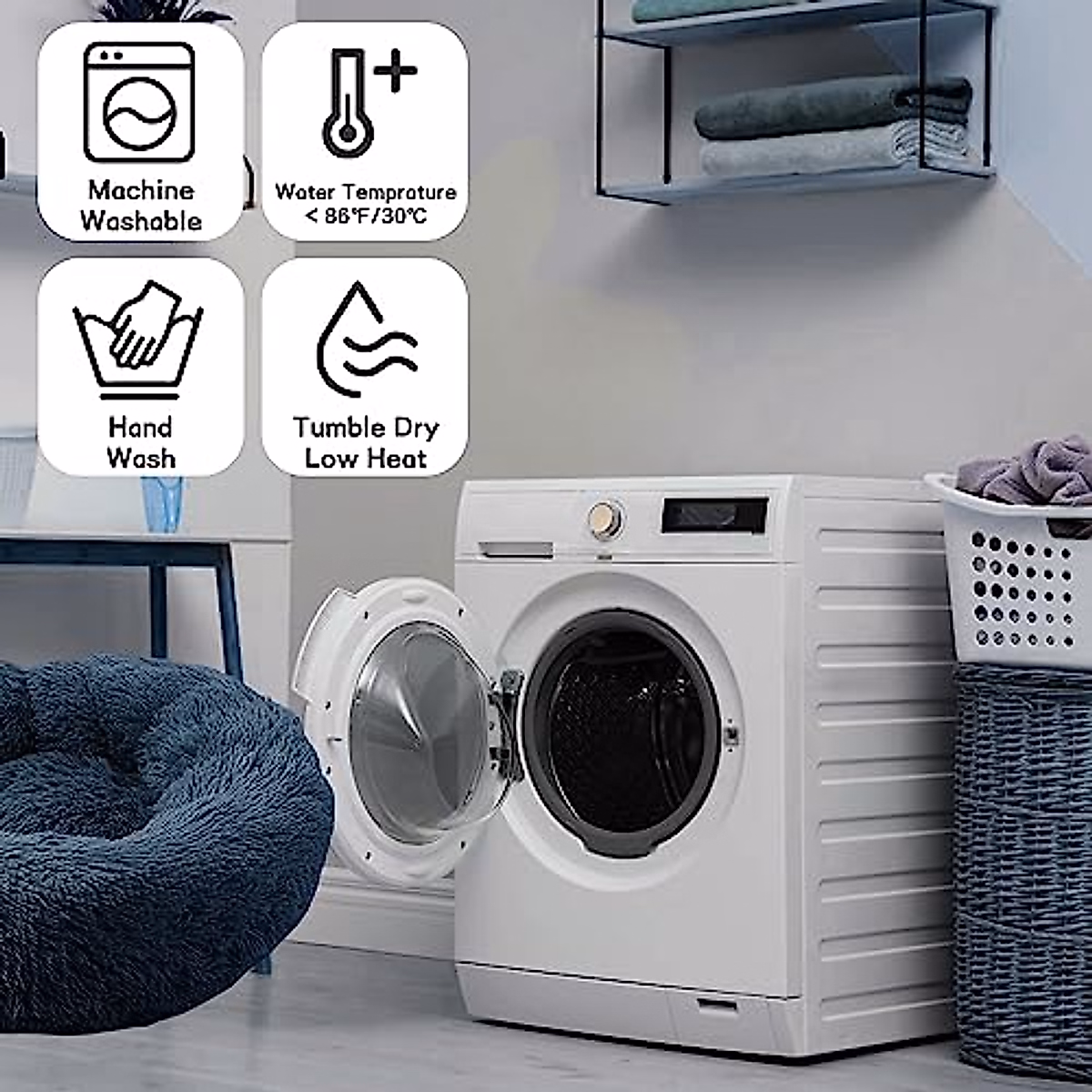 Yvnicll Calming Dog & Cat Bed with Blanket,Pet Beds for Small Dogs Bed with Removable Washable Cover,Anti Anxiety Dog Bed Cuddler Fluffy Faux Fur Plush Pet Donut Round Bed for Small Dogs（Navy,XS,20"）