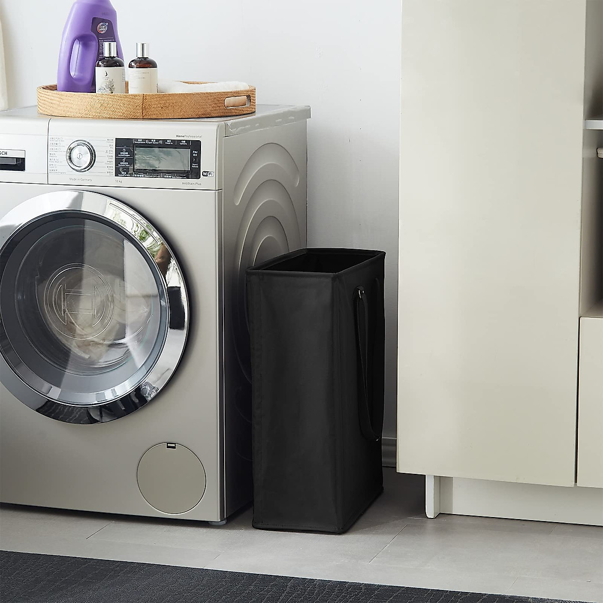 Slim Laundry Hamper with Adjustable Long Handles, 45L Small Laundry Baskets with Mesh Top, Narrow Dirty Clothes Hamper for Bedroom, Closet, and Bathroom - Black