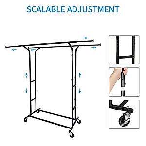 Fishat Heavy Duty Double Rod Clothing Garment Rack for Hanging Clothes, Commercial Metal Rolling Clothes Organizer on Lockable Wheels for Men Coats, Dresses, Dorm Bedroom Home Balcony (Black)