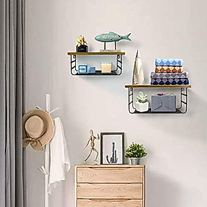 2 Tier Wall Mounted Shelf Set of 2, Wall Floating Shelves with Black Metal for Bedroom, Living Room, Bathroom, Laundry Room, Kitchen, 2 Different Sizes