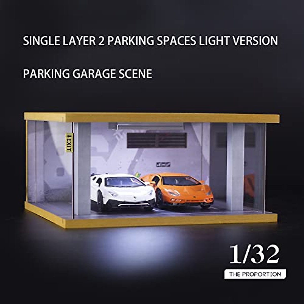 SIKIVOT 1：32 Car Display Case，Diecast Garage Scene Display， Scale Garage Display Case，2 Parking Space with LED Light and Acrylic Cover (7332Number 86)