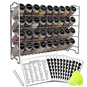 SWOMMOLY Spice Rack Organizer with 36 Empty Square Spice Jars, 396 Spice Labels with Chalk Marker and Funnel Complete Set, for Countertop, Cabinet or Wall Mount,Silver
