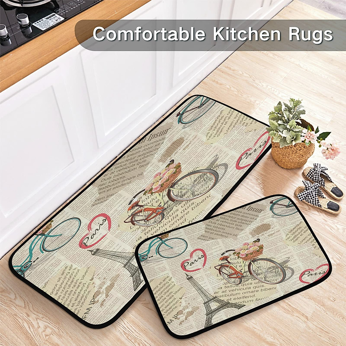 ALAZA Vintage Paris Eiffel Tower France Newspaper 2 Piece Kitchen Rug Floor Mat Set Runner Rugs Non-Slip for Kitchen Laundry Office 20" x 28" + 20" x 48"
