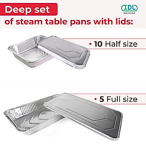 IDL Packaging Aluminum Foil Pans with Lids, Deep - 15 pc Chafing Dish Set - 5 Full Size and 10 Half Size Steam Table Pans + Lids - Disposable Cookware for Catering, Buffet, Party, BBQ