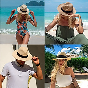 3 Pieces Straw Fedora Wide Brim Panama Hat Summer Beach Sun Hat for Women Men Multicolor