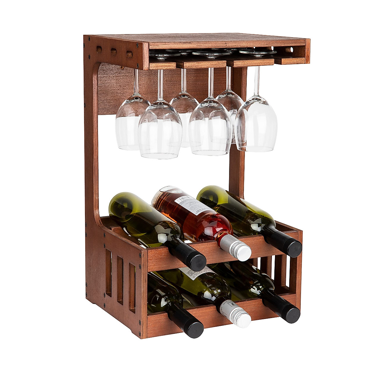 Mind Reader Floating Wooden Decor, 6 Bottle Stand, Stem Glass Organizer-Brown Wine Rack, 20" x 13" x 10"