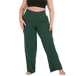 HDE Plus Size Wide Leg Cotton Yoga Pants for Women High Waist Workout Leggings Dark Green - 2X