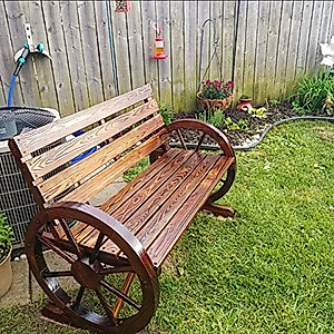 PatioFestival Outdoor Bench Wooden Patio Porch Bench Wagon Wheel Design Rustic Bench for Garden,Porch,Yard(45" Lx21 Wx32 H)