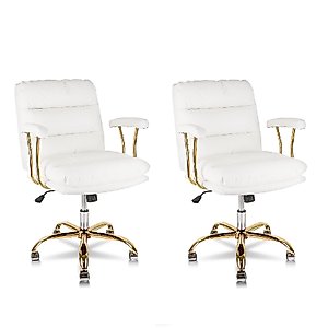 KLASIKA 2 Pack Ergonomic Office Desk Chair for Heavy People with Wheels and Arms, Faux Leather Computer Chair for Home Bedroom Office, White Chair Gold Caster