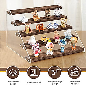 DILIBRA 5 Tier Wood Display Stand for Pop Figures, Clear Acrylic Display Riser Shelf for Vendors Amiibo Funko Cupcakes Perfumes Candies Cosmetics Decoration and Organizer