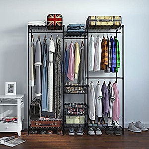 Xiofio 6 Tiers Heavy Duty Garment Rack,Clothing Storage Organizer, Metal Clothing Rack,Clothing Rack with Hanging Rod,Adjustable Shelf and Fixed Baskets,60.7"L x 15.7"W x 70.5"H Max Load 720LBS,Black·