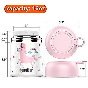 HongiJar Insulated Food Jar, 16oz Thermos Lunch Container 8 Hours Hot Leak Proof Bento Box with Foldable Spoon, Double Wall Vacuum Stainless Steel Thermal Storage for Kids Girls Boys Adults